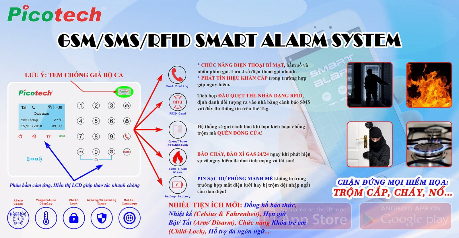 BÁO TRỘM PICOTECH 32 ZONES GSM/SMS ALARM SYSTEM PCA-8300GSM - Siêu Thị Thiết Bị An Ninh